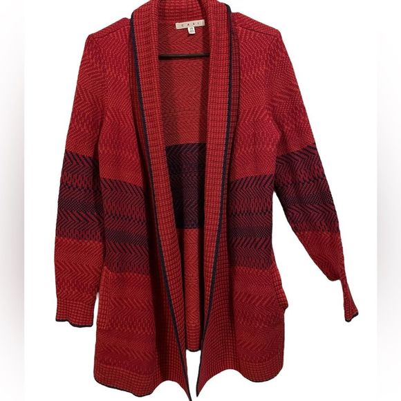 CAbi | Sweaters | Cabi Joy Cardigan Red Navy Blue Geometric Open Front ...